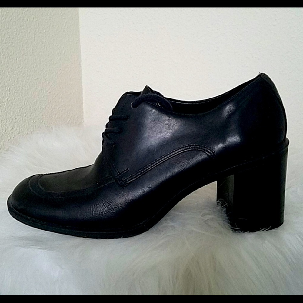 Black Leather Platform Stacked Heel Shoes - Gem